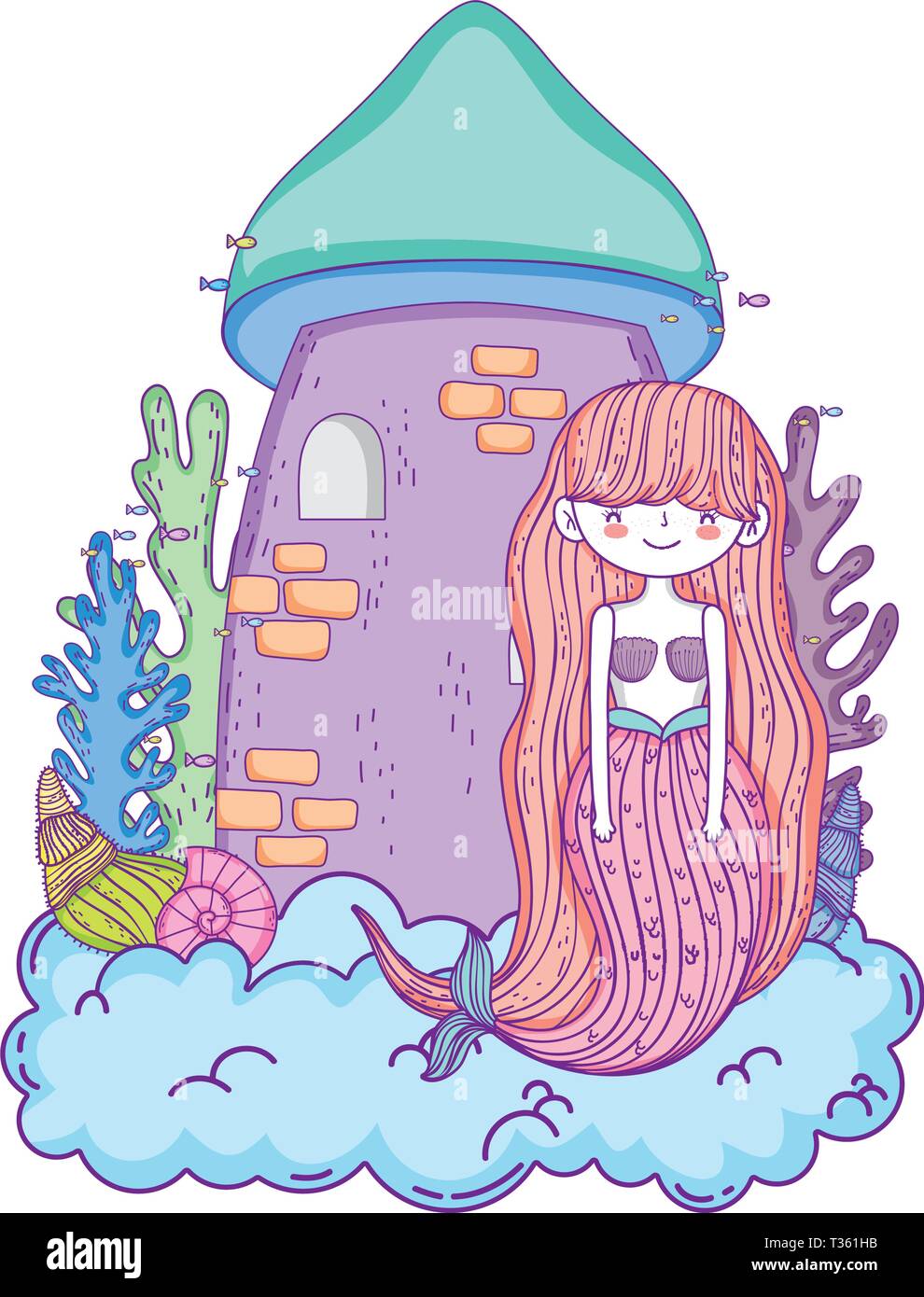 beautiful mermaid with castle scene vector illustration design Stock ...