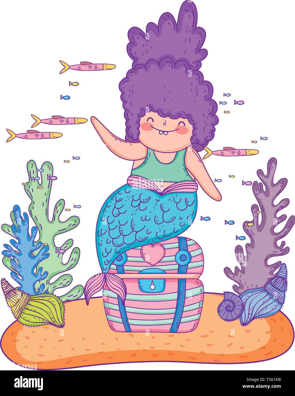 beautiful mermaid with treasure chest and seaweed vector illustration ...