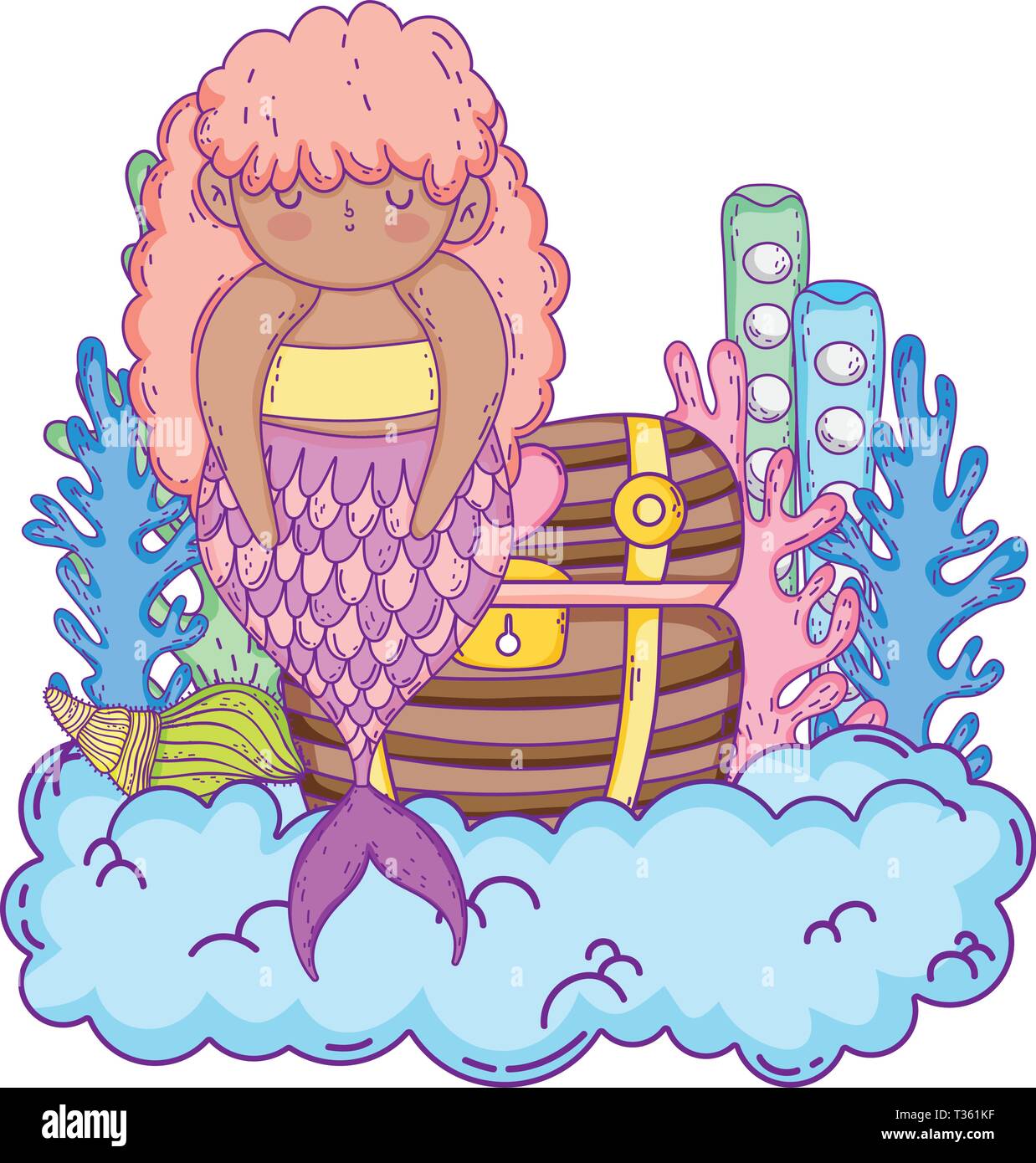 beautiful mermaid with treasure chest in clouds vector illustration ...
