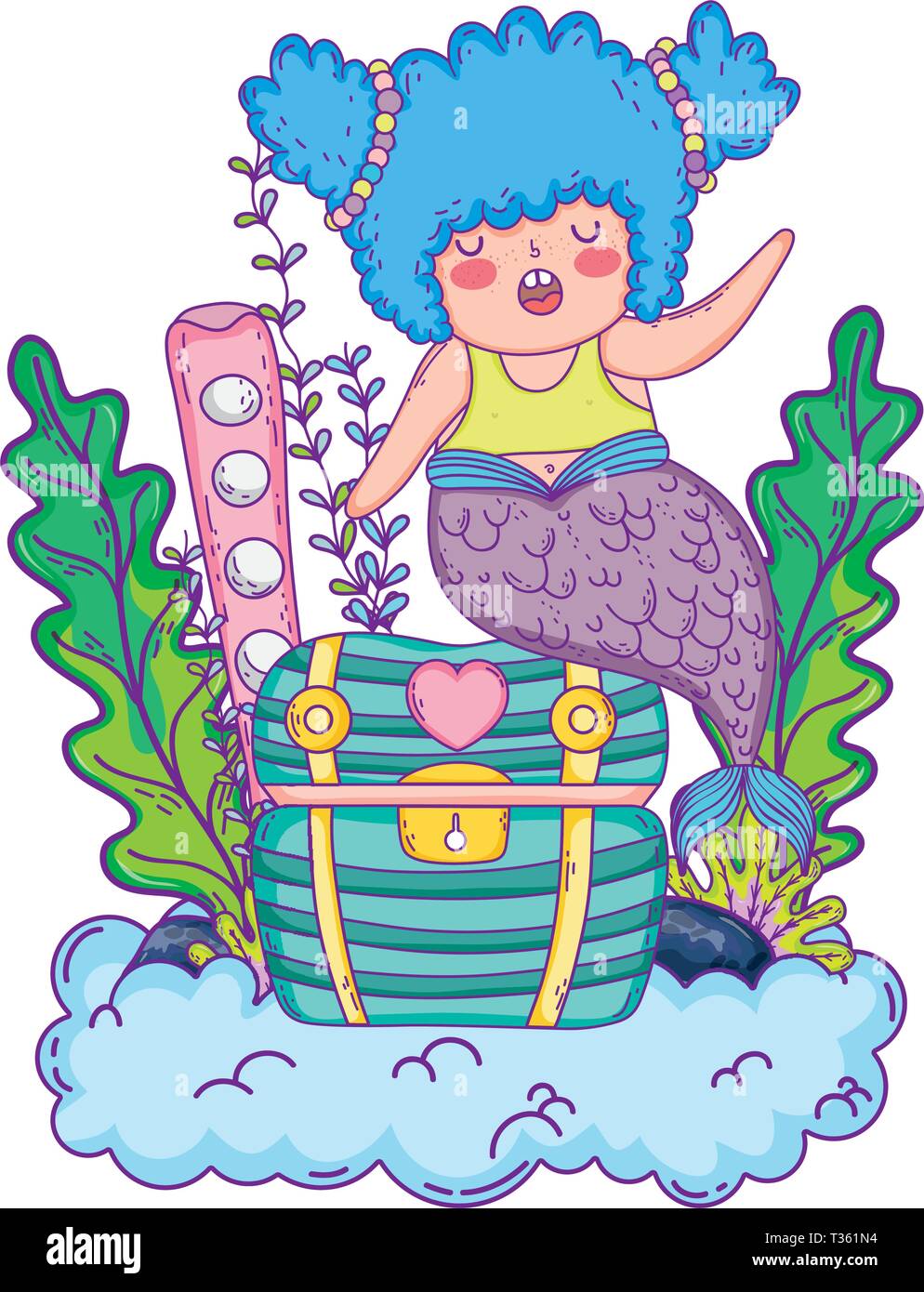 beautiful mermaid with treasure chest in clouds vector illustration ...