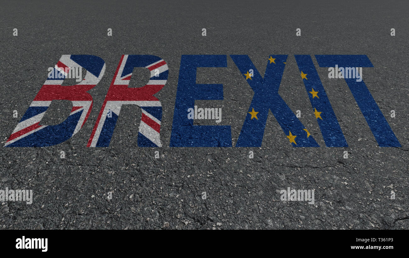 Brexit word and Great Britain flag on the asphalt road, illustration ...