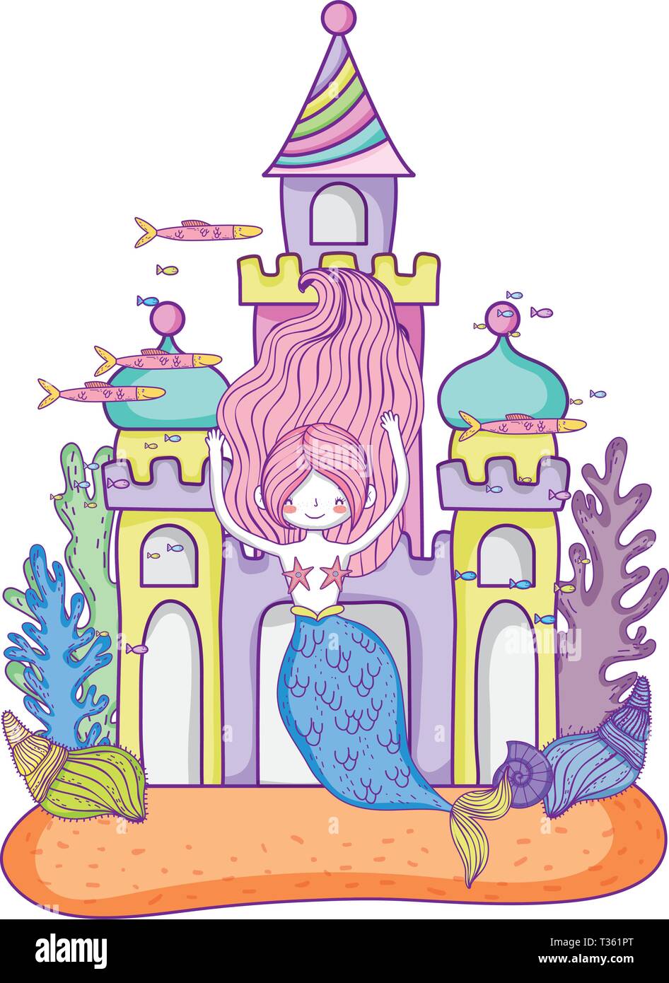 beautiful mermaid with castle scene vector illustration design Stock ...