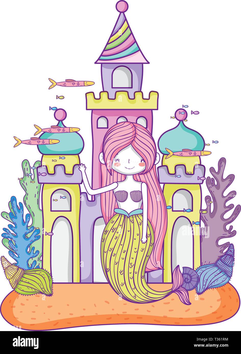 beautiful mermaid with castle scene vector illustration design Stock ...
