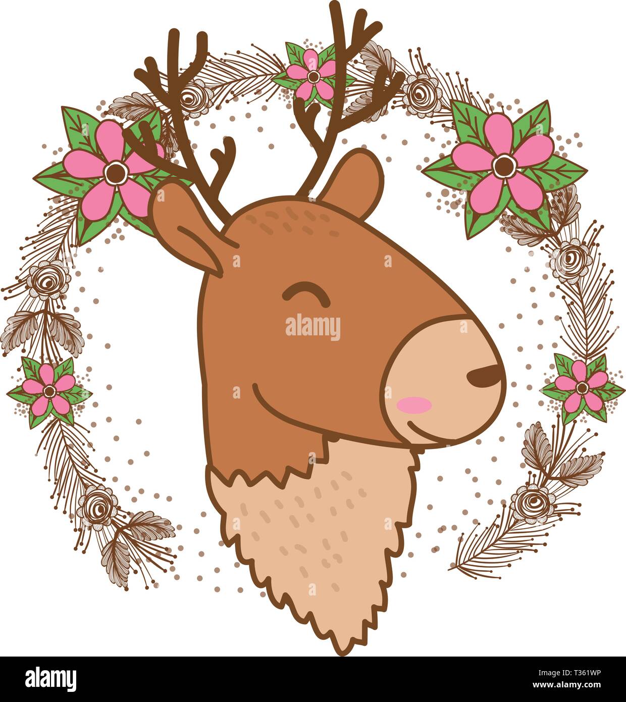 cute little animal deer face flowers frame cartoon vector illustration ...
