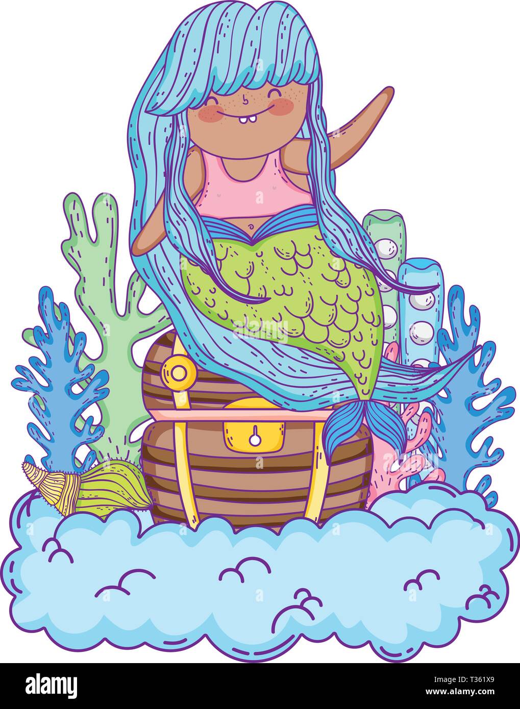 beautiful mermaid with treasure chest in clouds vector illustration ...