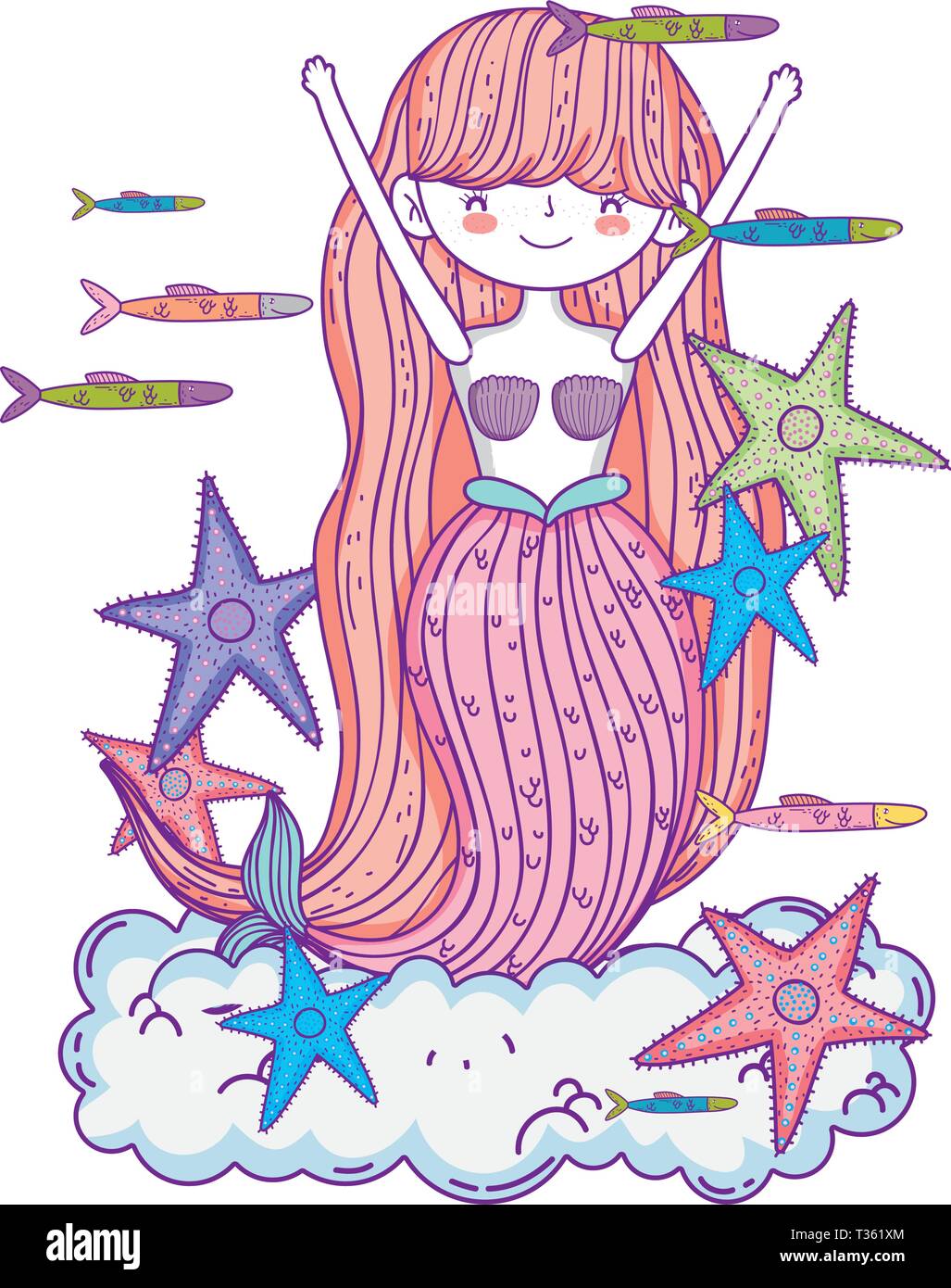 beautiful mermaid with starfishes in clouds vector illustration design ...