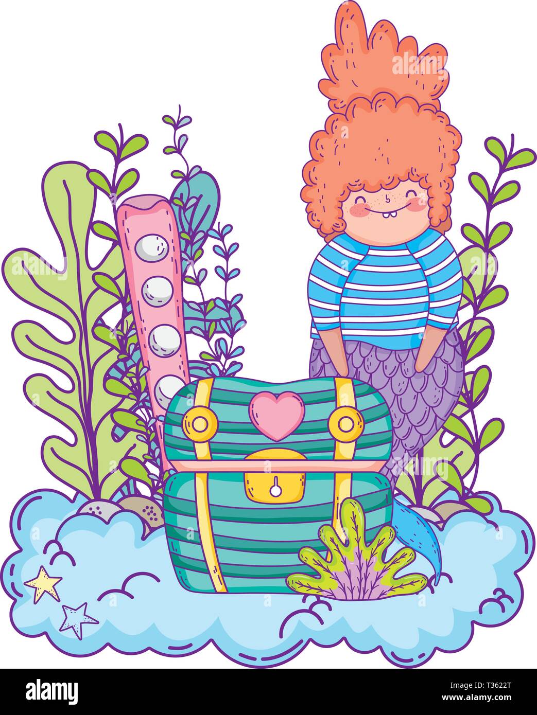 beautiful mermaid with treasure chest in clouds vector illustration ...