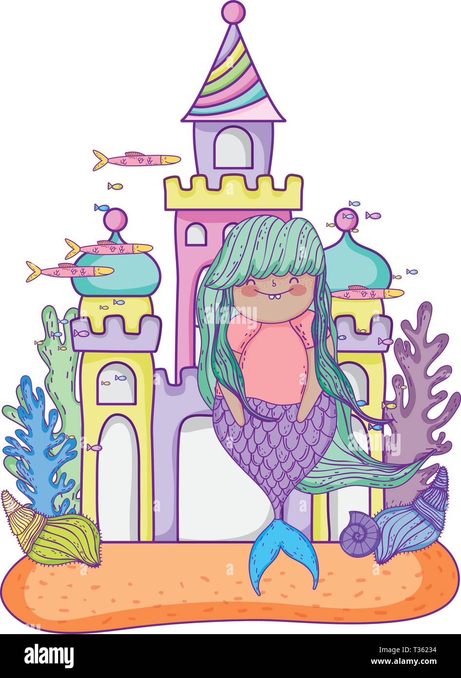 Illustration beautiful mermaid castle fish Stock Vector Images - Alamy