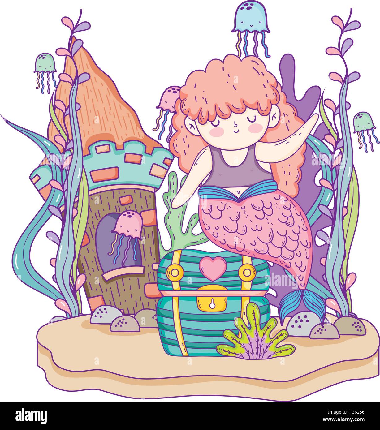 beautiful mermaid with castle and treasure chest vector illustration ...