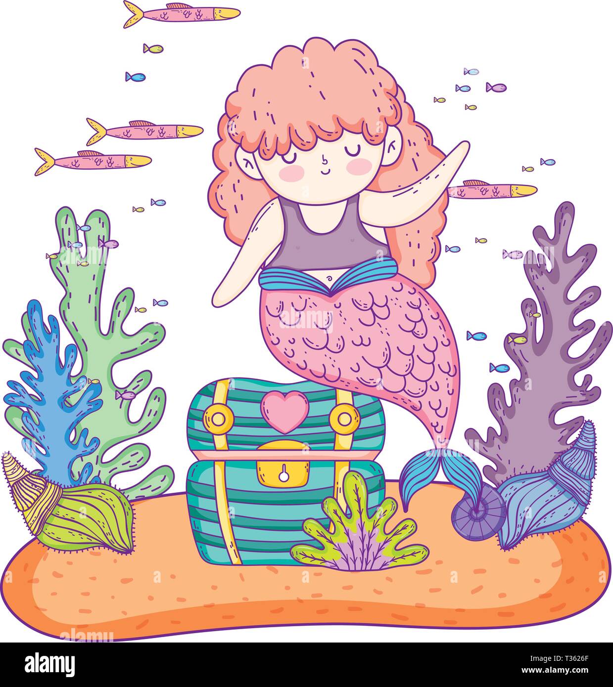 beautiful mermaid with treasure chest and seaweed vector illustration ...