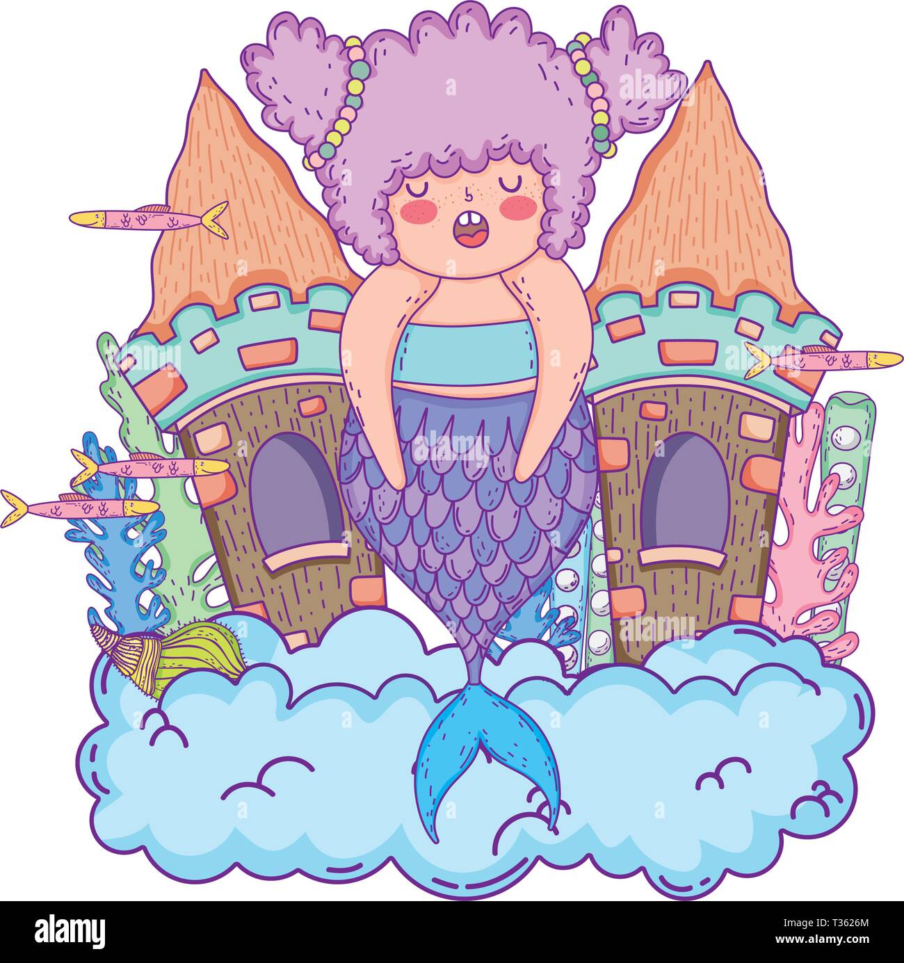 beautiful mermaid with castle scene vector illustration design Stock ...
