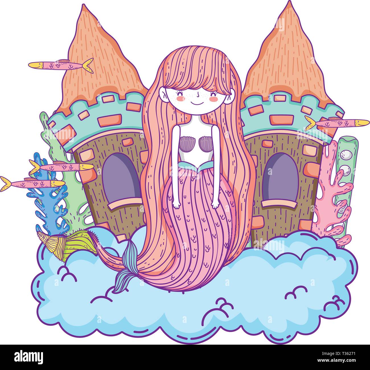 beautiful mermaid with castle scene vector illustration design Stock ...