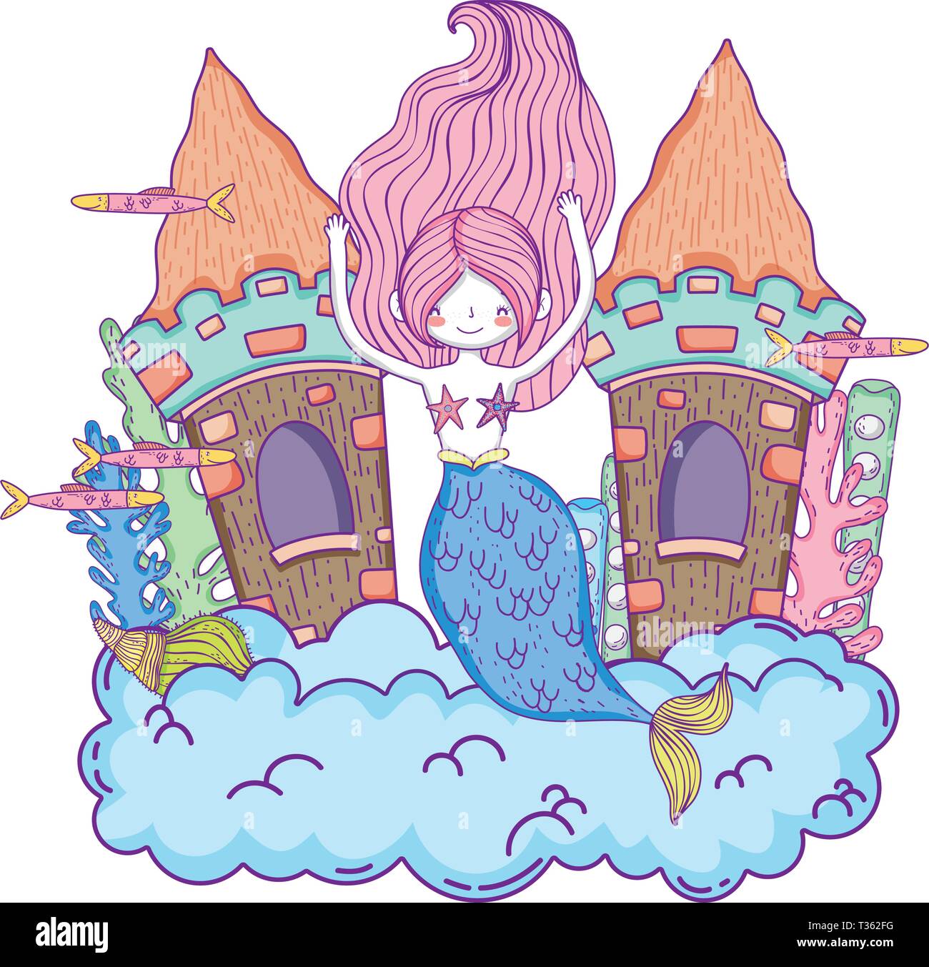 beautiful mermaid with castle scene vector illustration design Stock ...