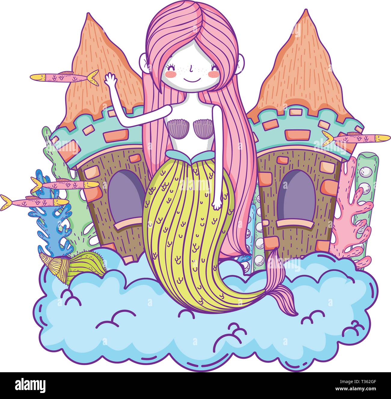 Illustration beautiful mermaid castle fish sea hi-res stock photography ...