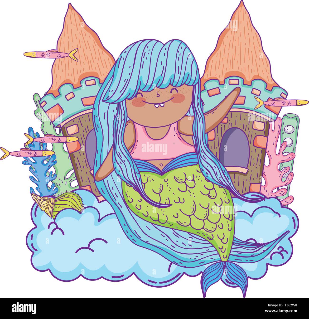 beautiful mermaid with castle scene vector illustration design Stock ...