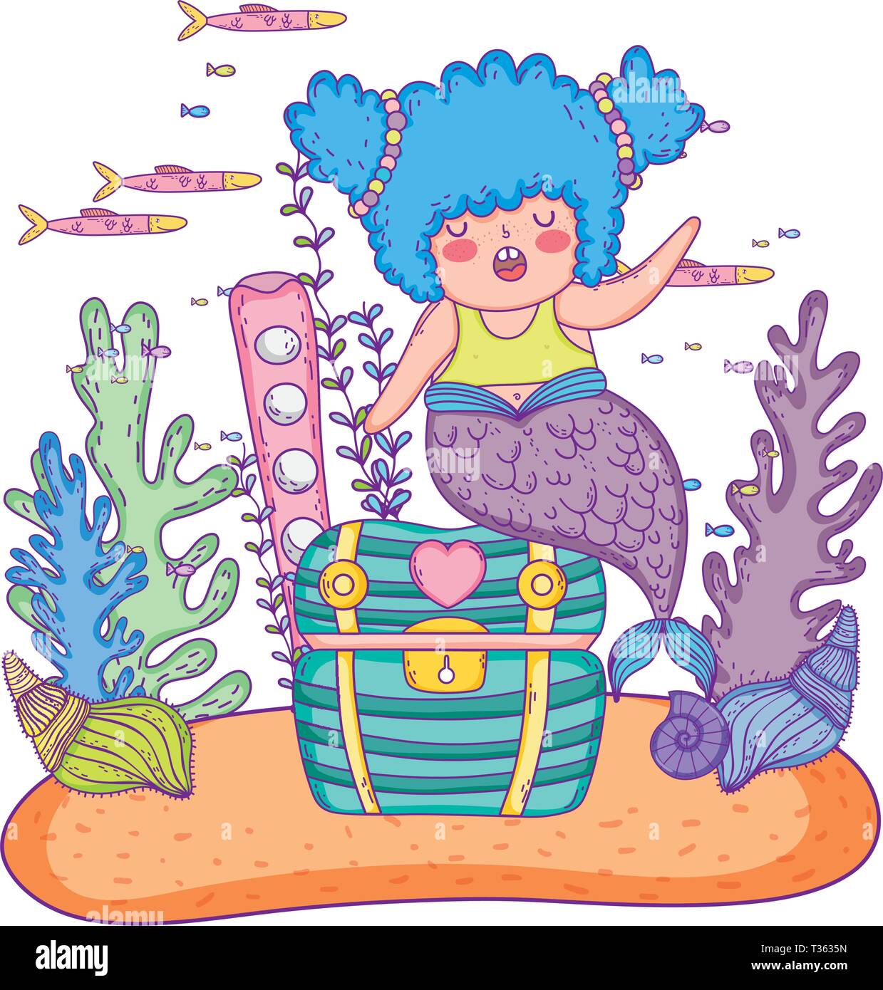 beautiful mermaid with treasure chest and seaweed vector illustration ...