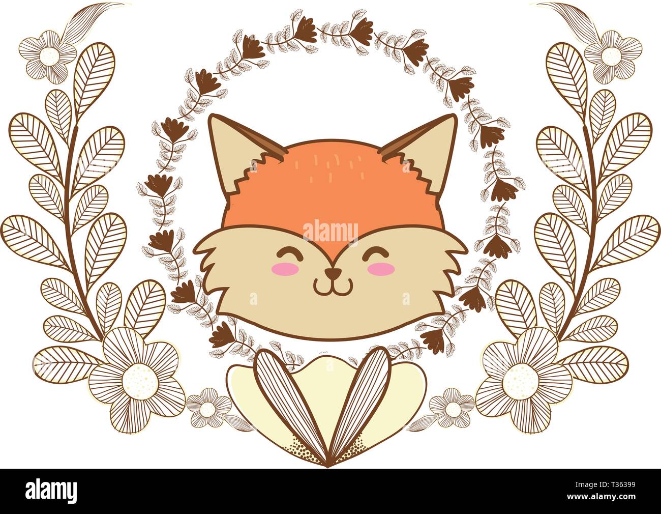 cute little animal fox face flowers frame cartoon vector illustration ...