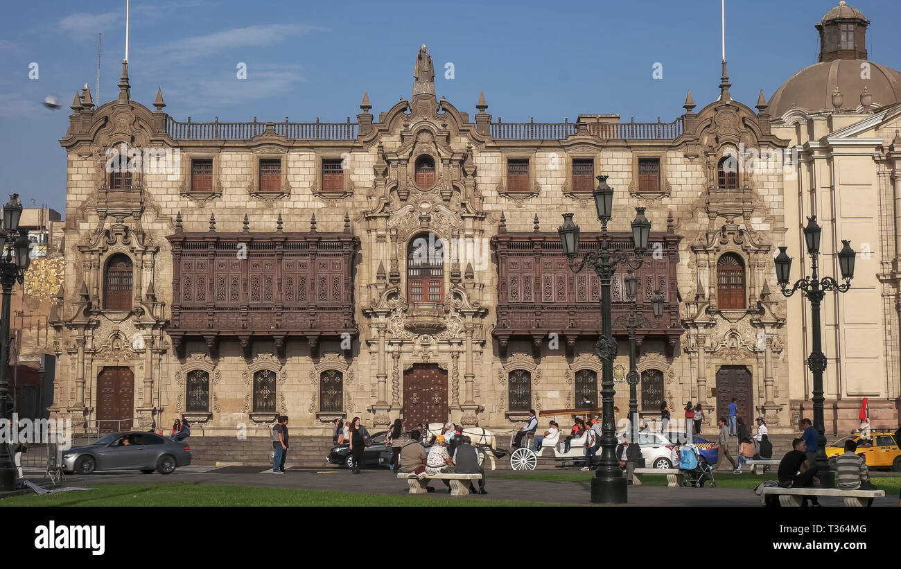 LIMA, PERU- JUNE, 12, 2016: wide view of the exterior of the archbishop ...