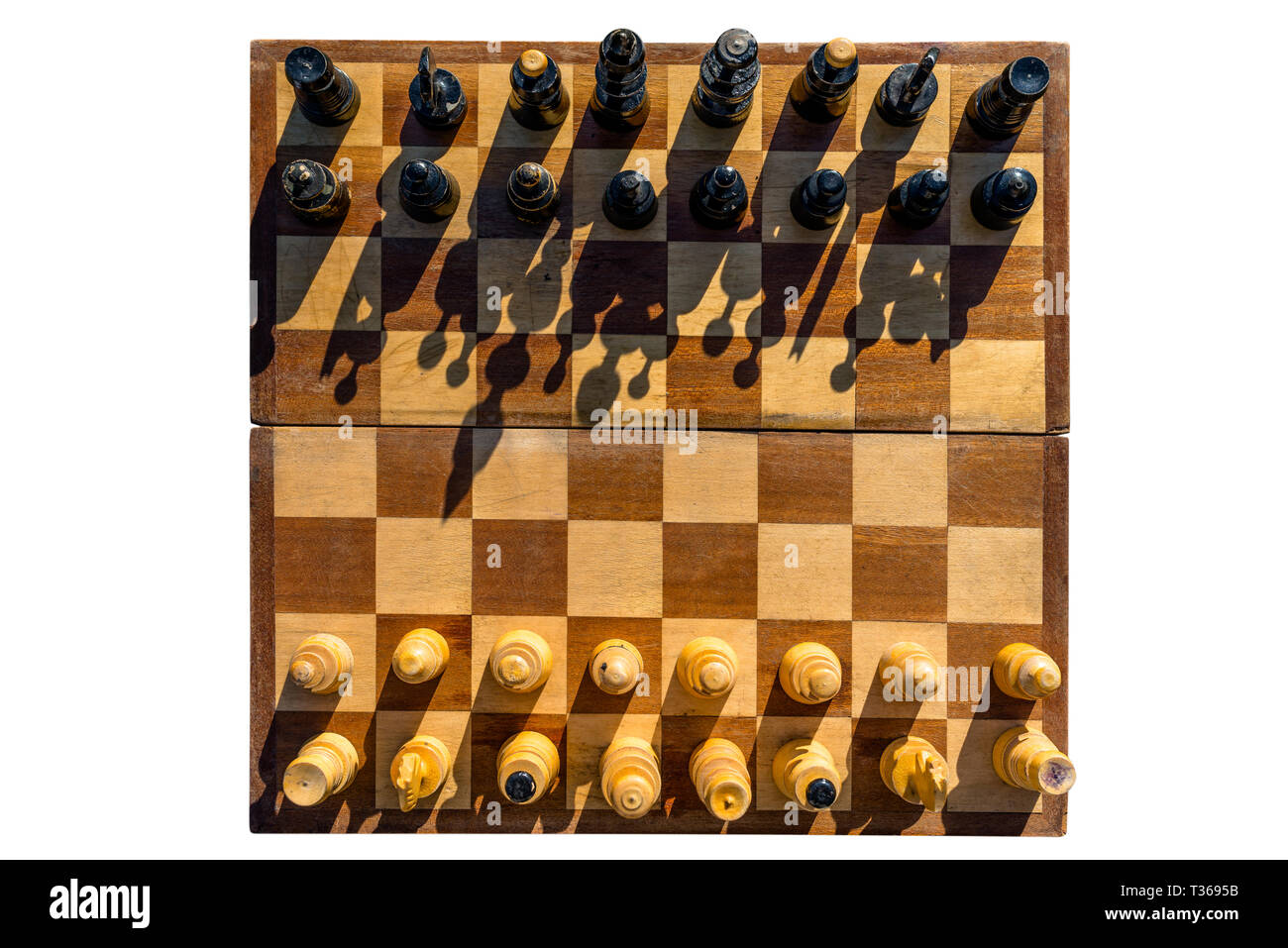 Old chessboard with chess and shadow, isolated on a white background ...