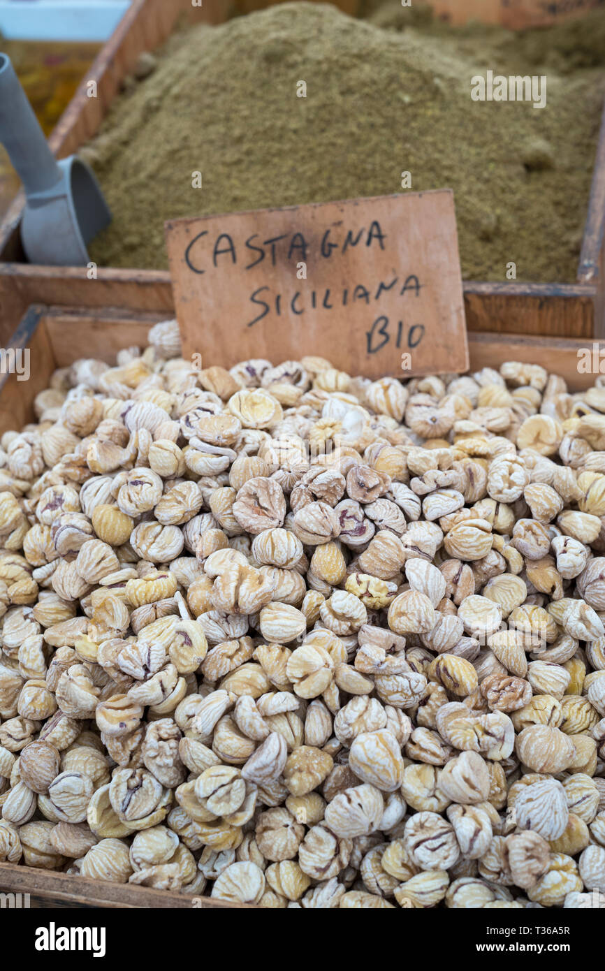 Chestnuts on display for sale on market stall at old street market ...