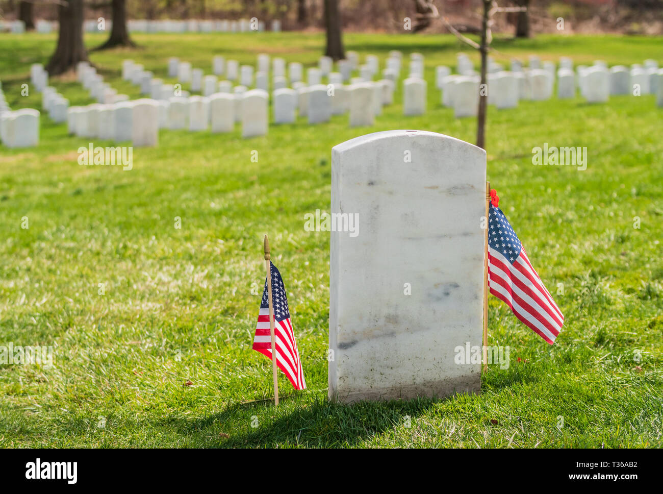 Two stars and stripes US flags with tombstone at Arlington National ...
