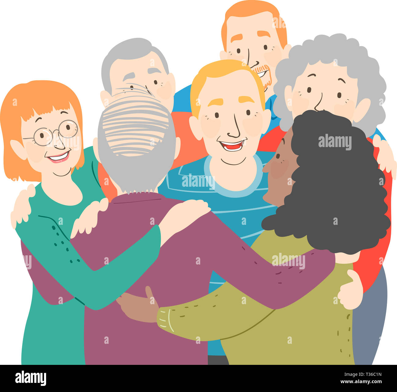 Illustration of Senior Men and Women in a Group Hug Stock Photo - Alamy