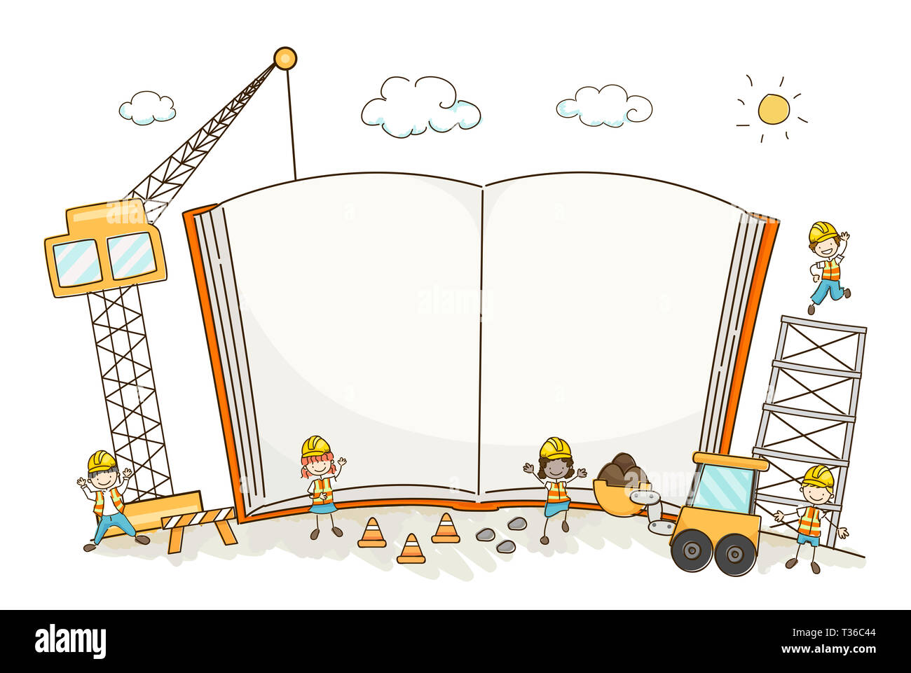 Illustration of Stickman Kids in an Open and Blank Construction Book ...
