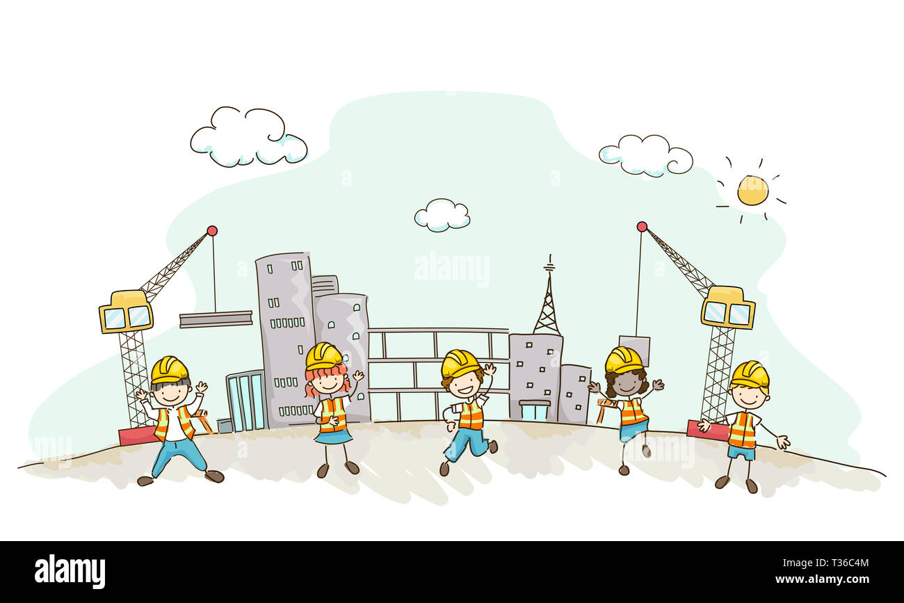 Illustration of Stickman Kids Wearing Yellow Hard Hat and Vest at the ...