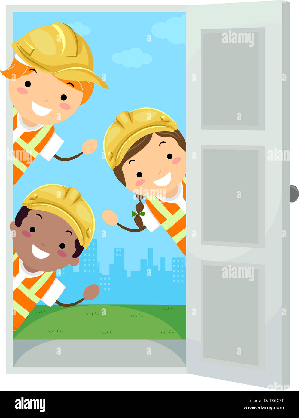 Illustration of Stickman Kids Peeking at the Door Waving and Wearing ...