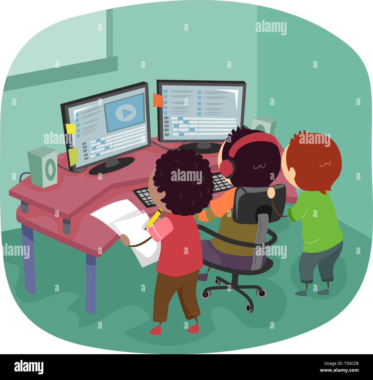 Illustration of Stickman Kids Editing a Video on Computer with Two ...