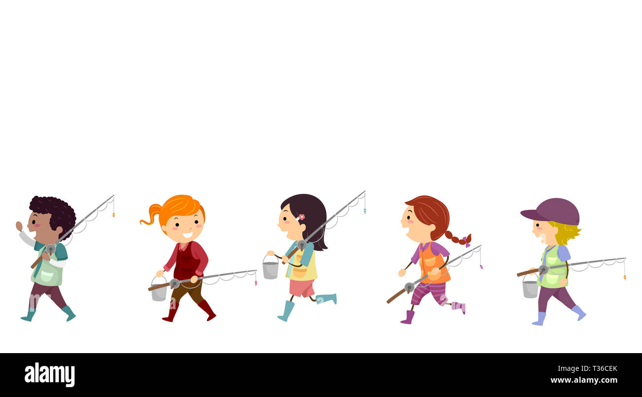 Illustration of Stickman Kids in Boots, with Fishing Rods and Pail ...