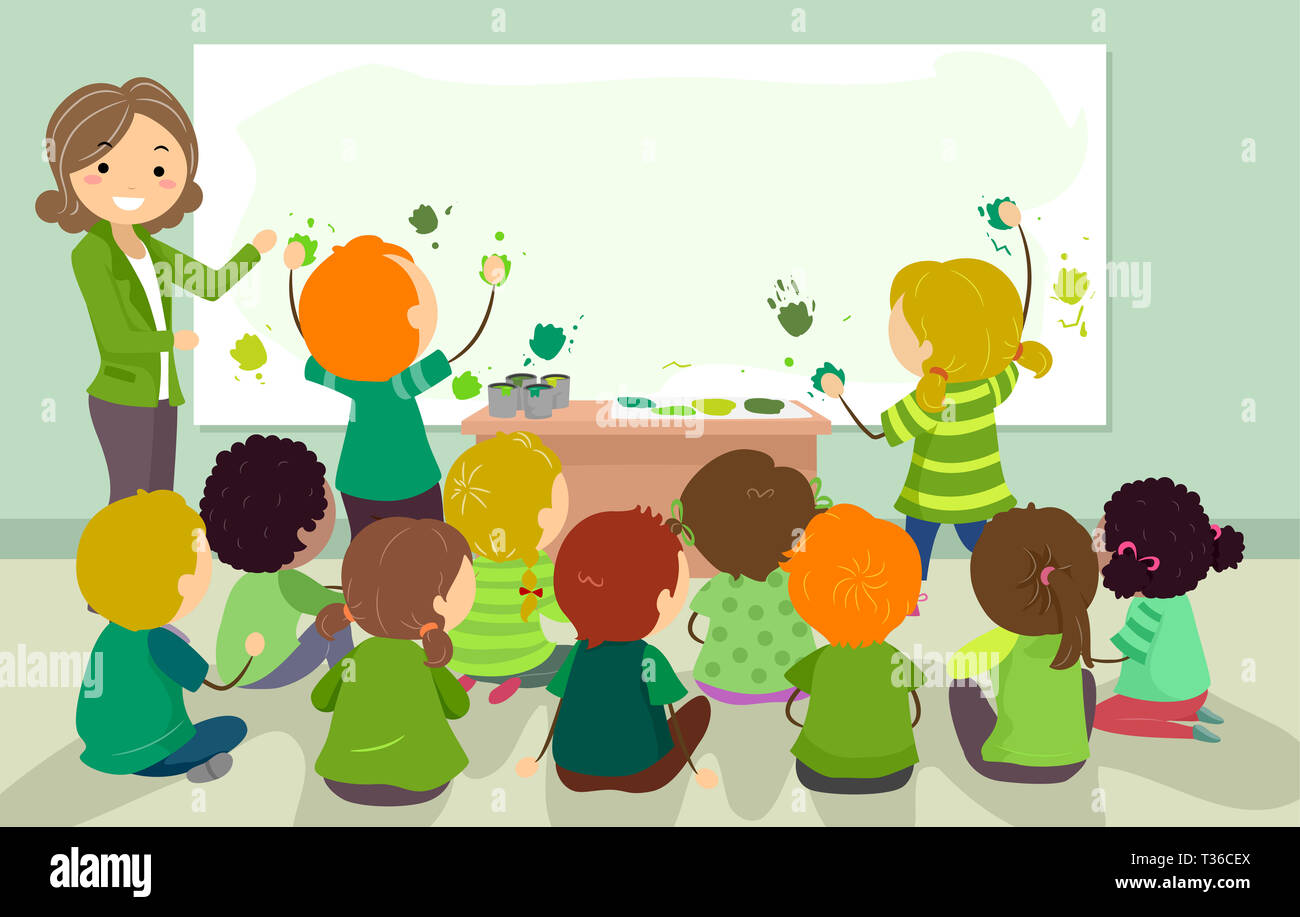Illustration of Stickman Kids in Green Shirts with Teacher in Class ...