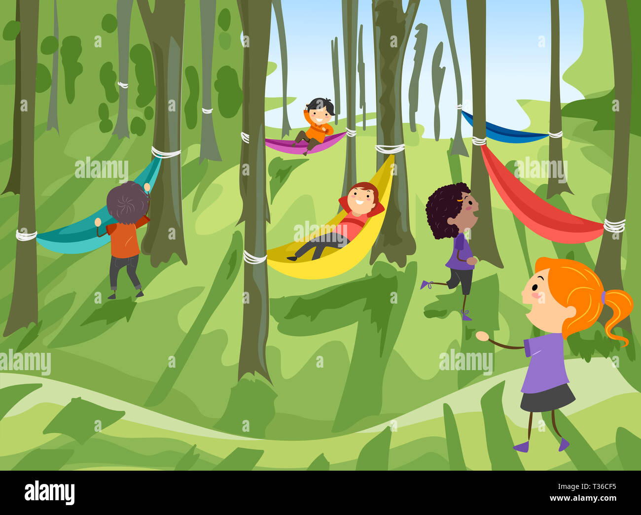 Illustration of Stickman Kids Resting in Hammocks Tied to Trees in the ...