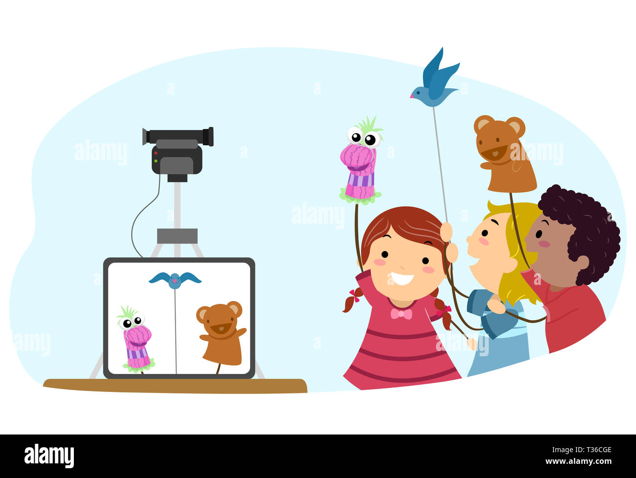 Illustration of Stickman Kids Puppeteer Recording a Video of their ...