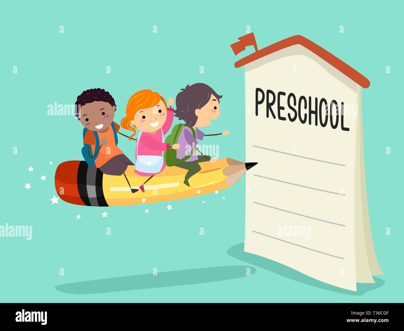 Illustration of Stickman Kids Riding a Magical Pencil Writing their ...