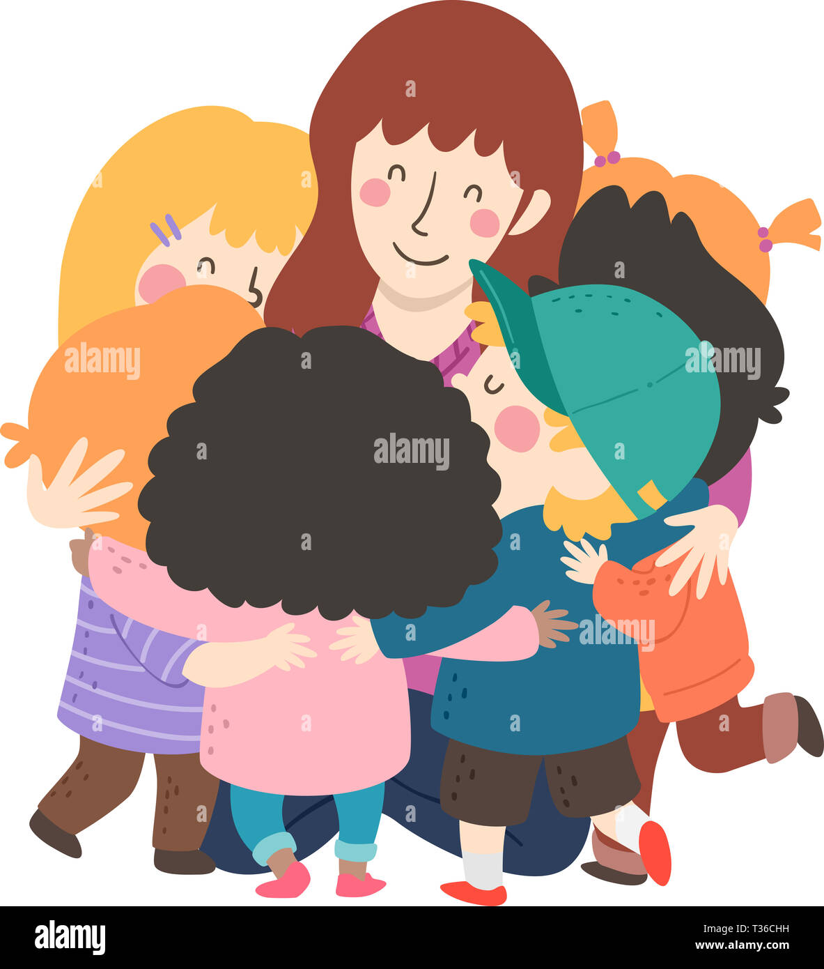 Illustration of Kids Hugging their Teacher Sitting Down Stock Photo - Alamy