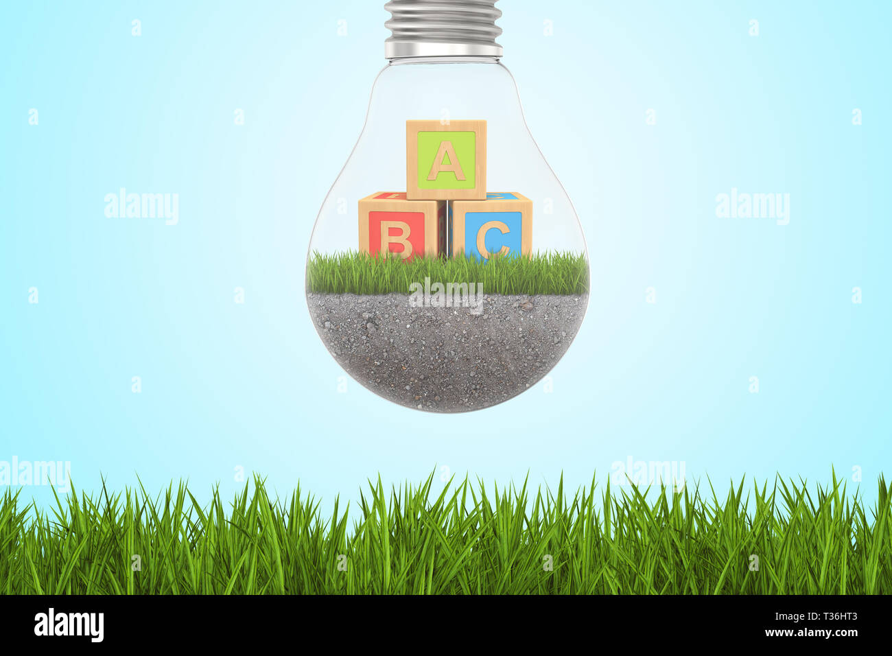 3d rendering of light bulb with children alphabet blocks inside on ...