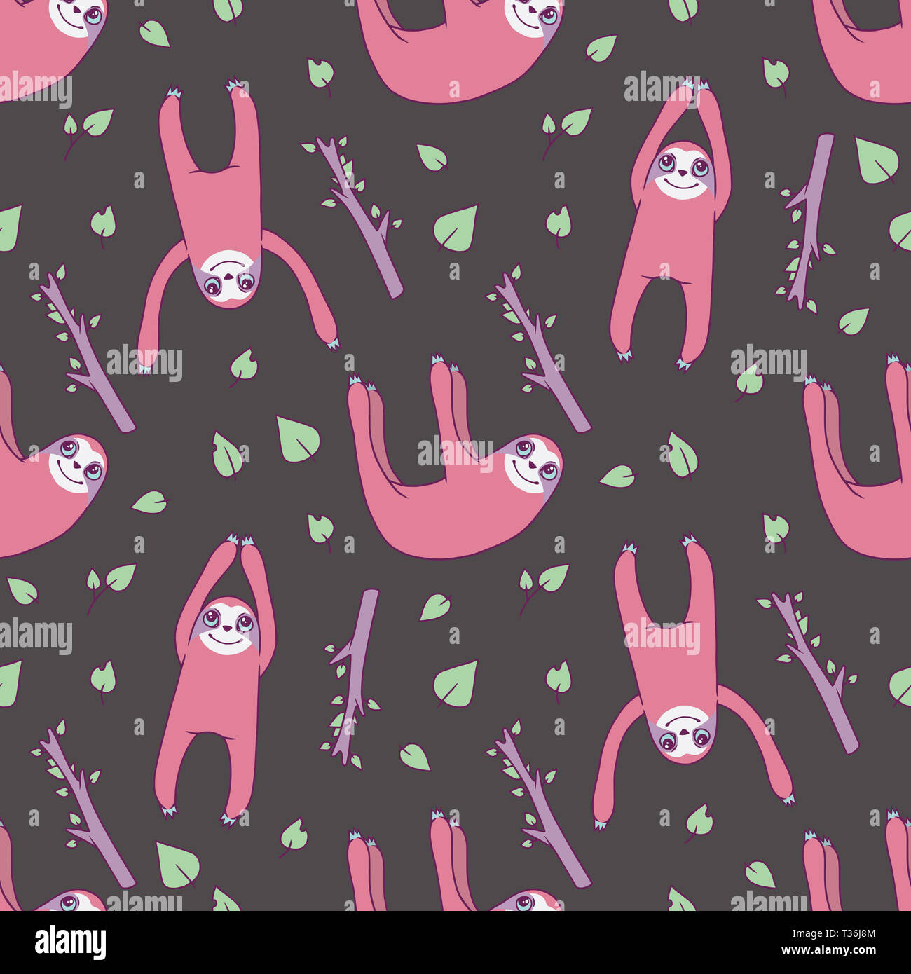 Seamless pattern with funny hanging smiling cartoon pink sloths and ...