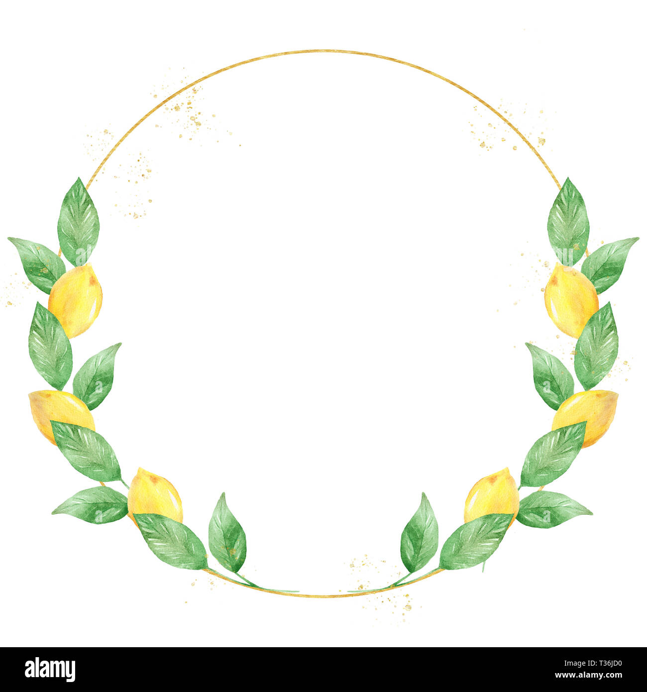 Watercolor greenery lemon frame in green and gold colors. Frame, border ...