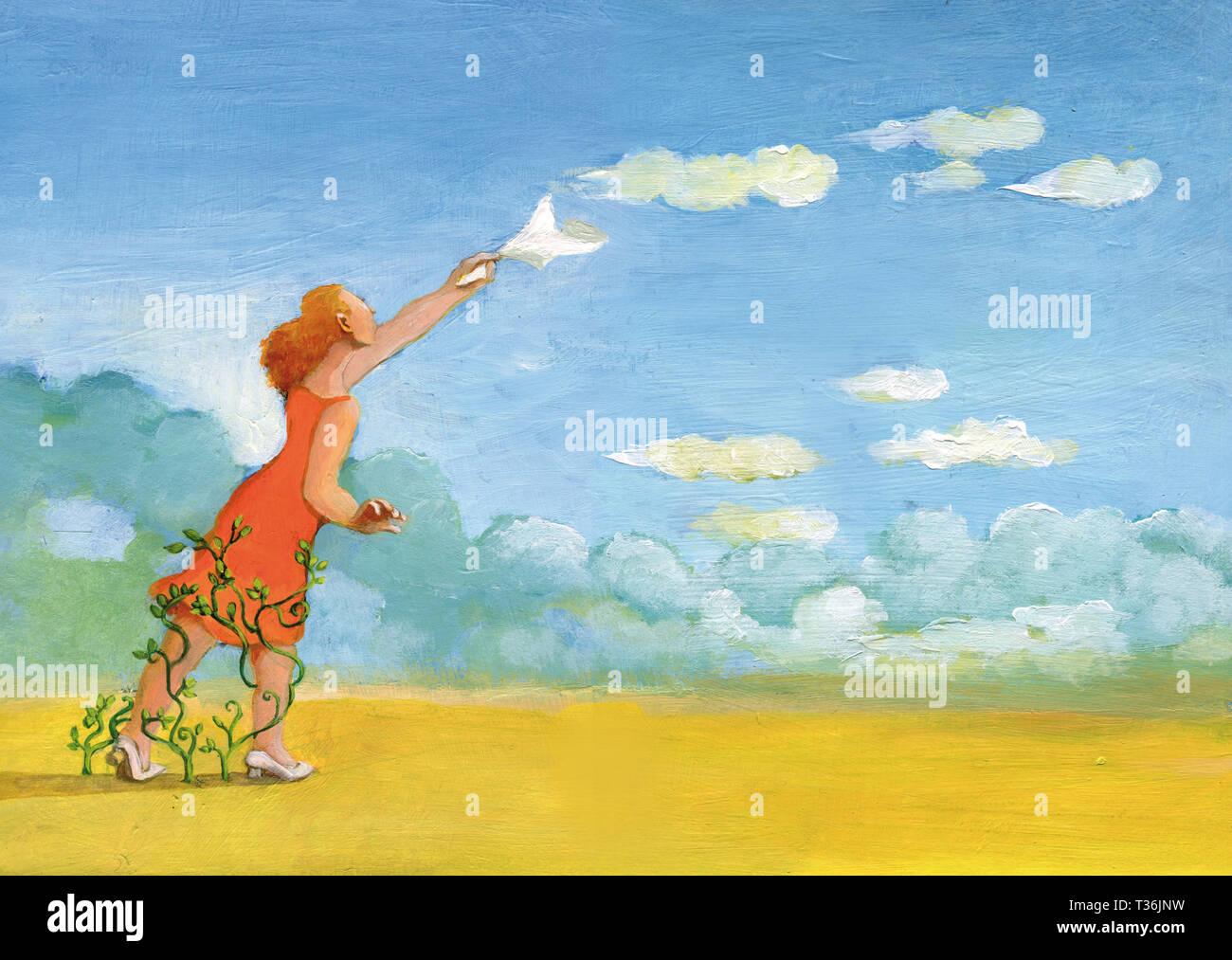 a woman waving a handkerchief to the clouds that fly in the sky ...