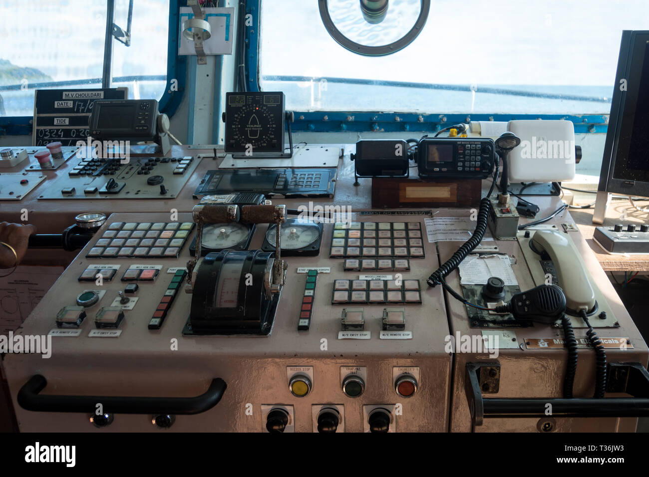 Ship Radar inside bridge room. panel of ship devices. inside the ...