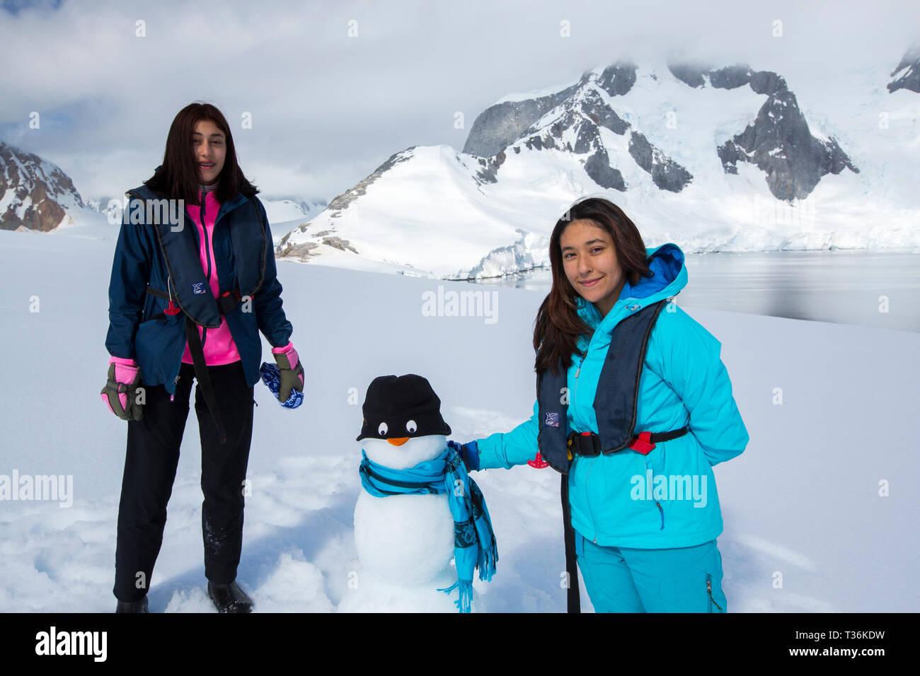 A snowman with a penguin hat made by tourists at Port Charcot, Wilhelm ...