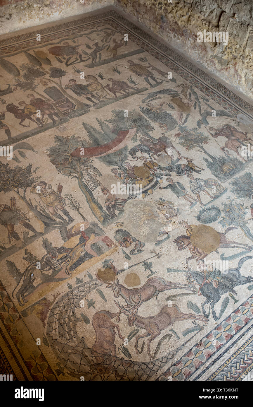 Famous mosaics and mosiac art of hunting scenes at ancient Roman Villa ...