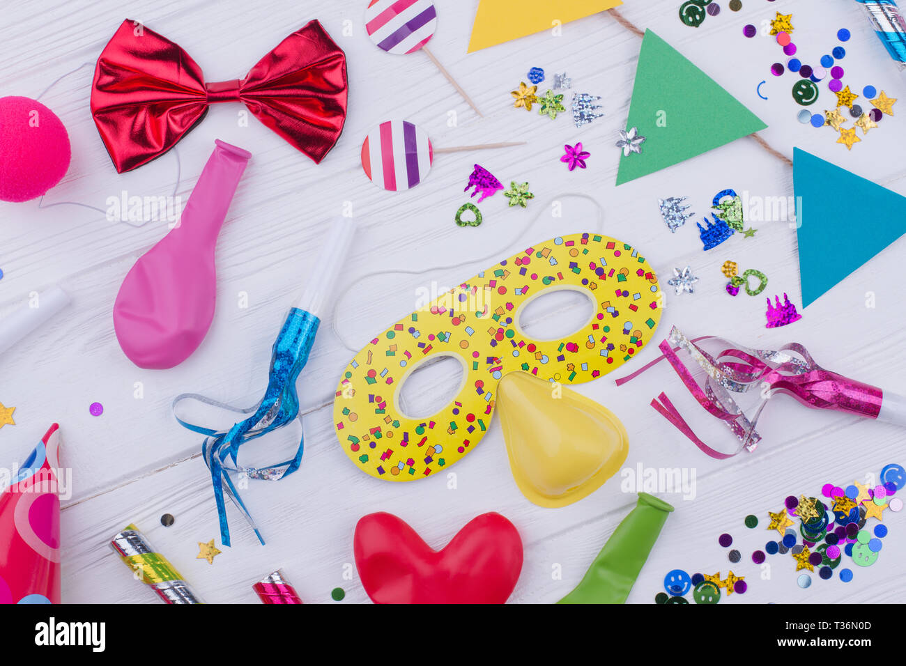 Colorful accessories for kids Birthday party. Flat lay composition with ...