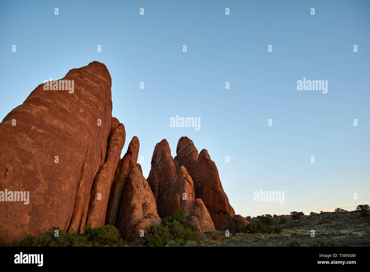 Red sandstone rock formations with Utah juniper trees growing at their ...