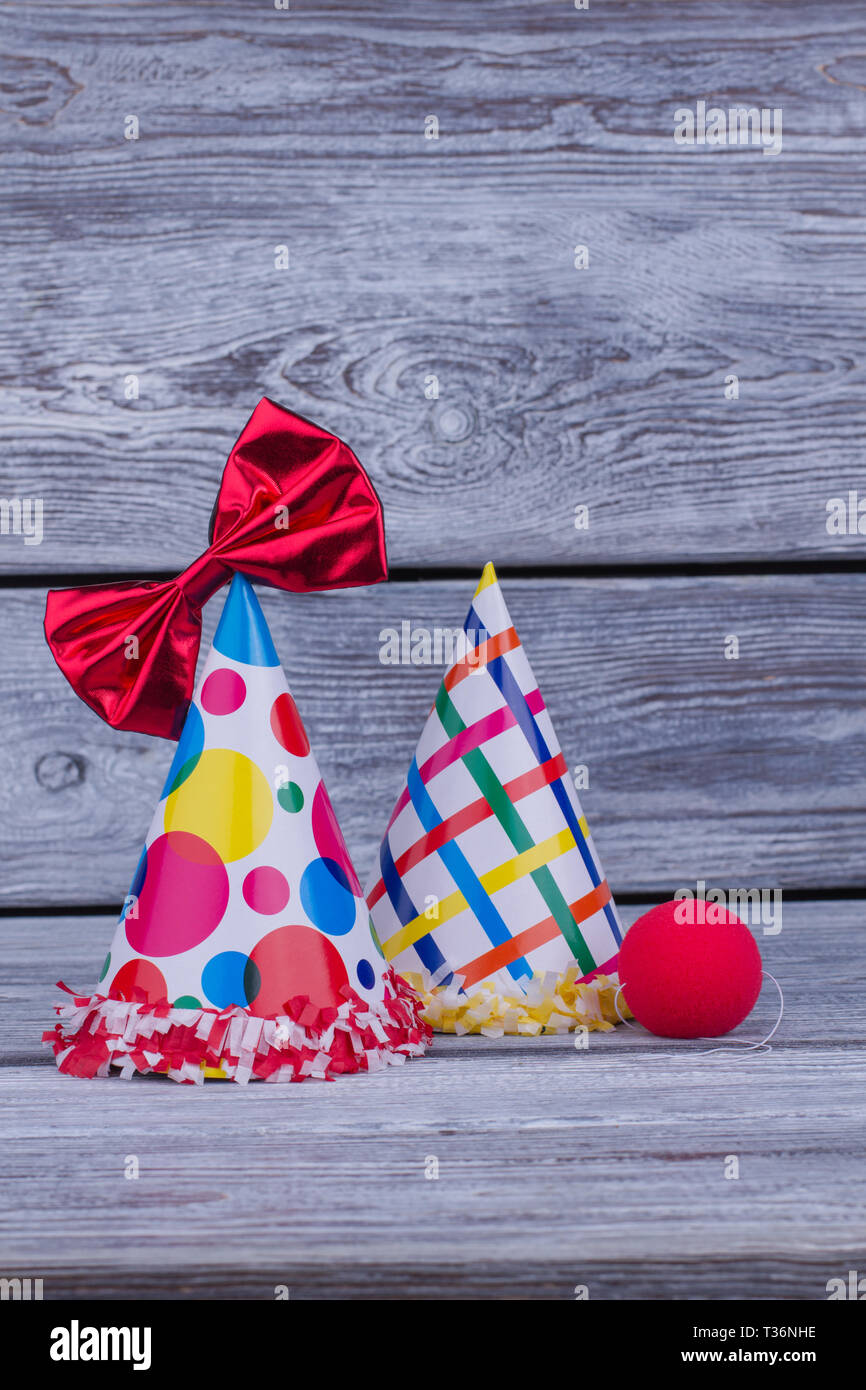 Carnival background with colorful party items. Party hats and other ...