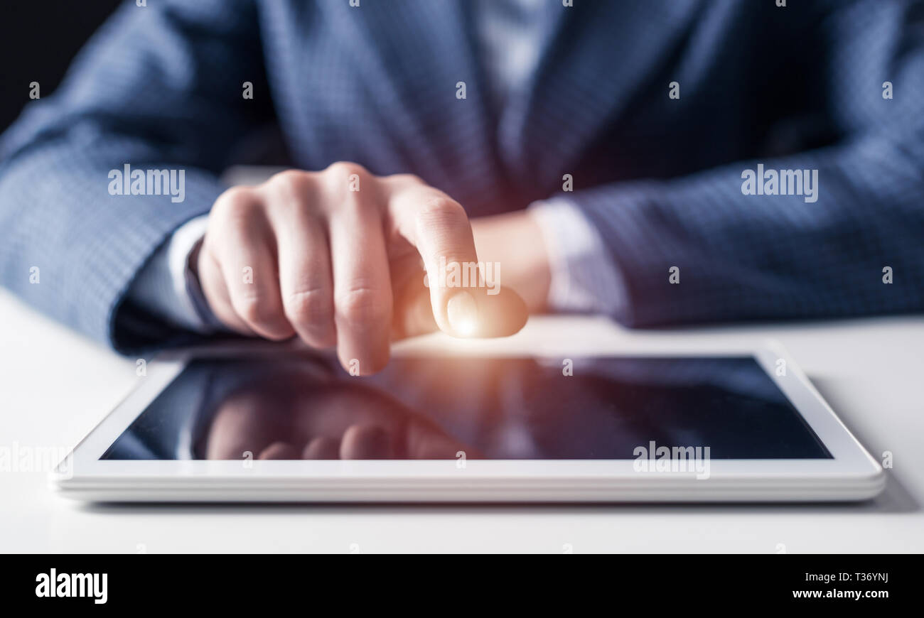 Digital technologies in modern business concept. Businessman hands ...