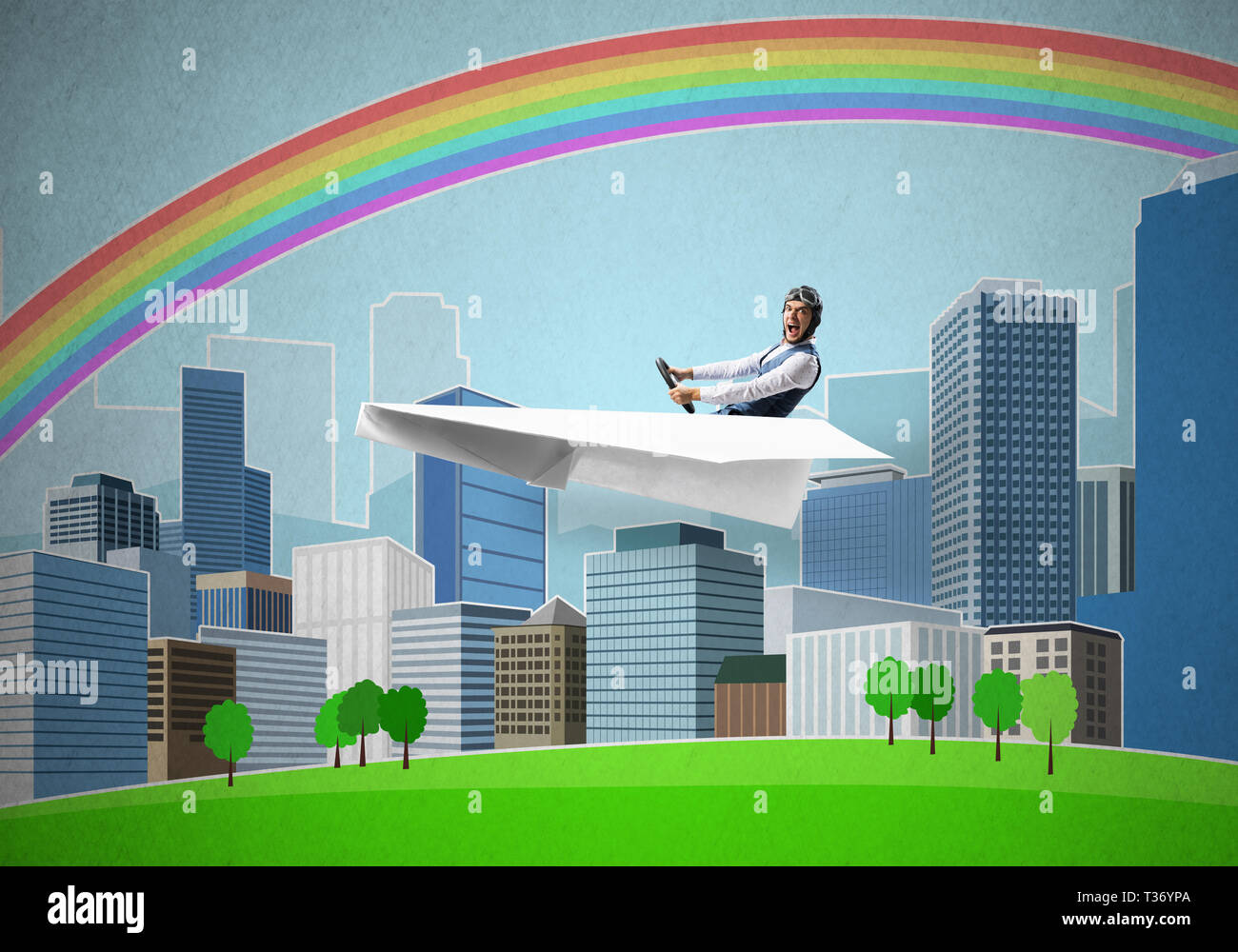 Aircraft pilot sitting in paper plane and holding steering wheel ...