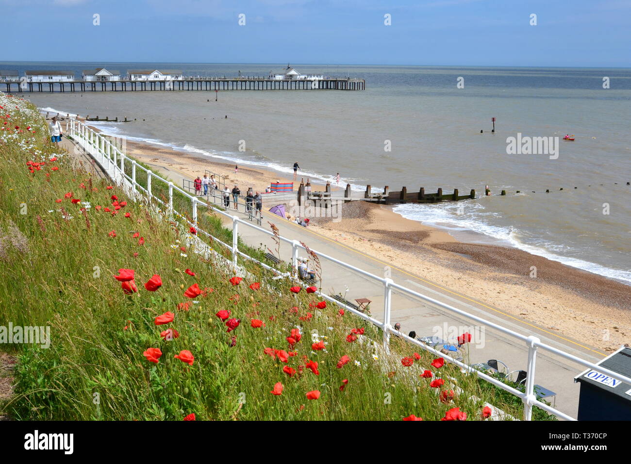 View of the beach and pier at Southwold seaside resort in Suffolk, UK ...