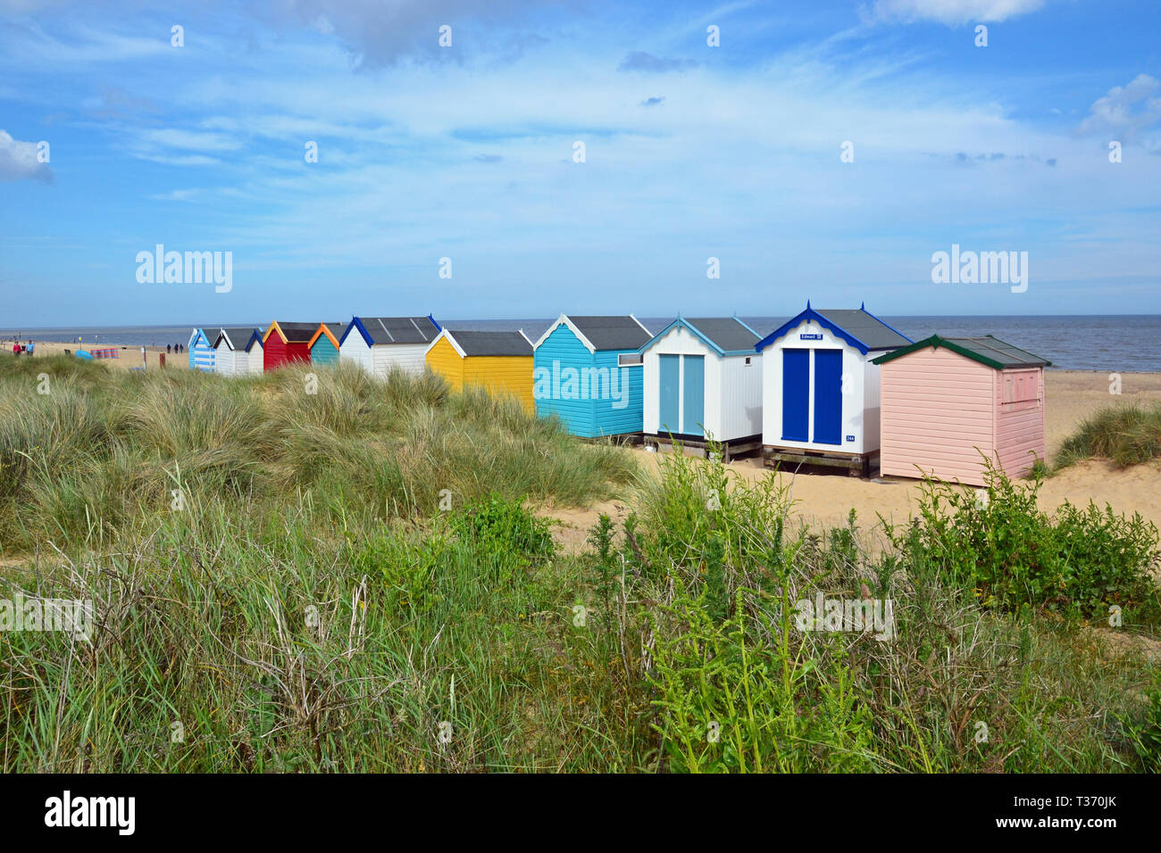 Rows of beach huts at Southwold seaside resort in Suffolk, UK Stock ...